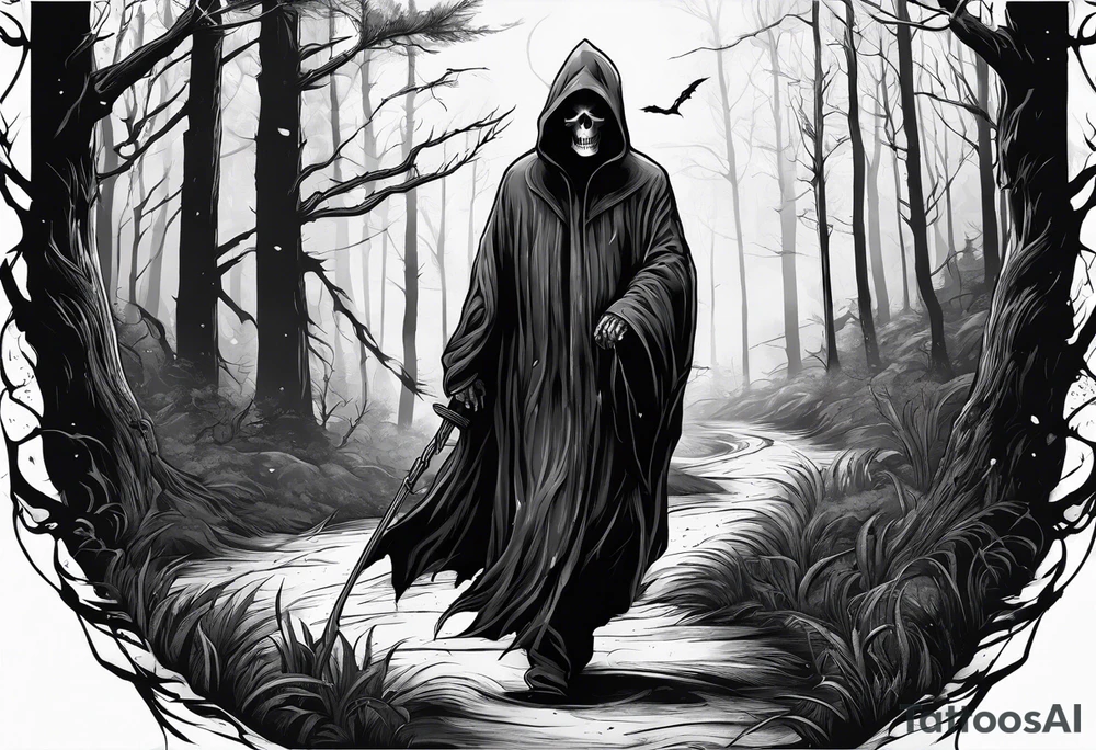 Grim reaper walking forest tattoo idea | TattoosAI