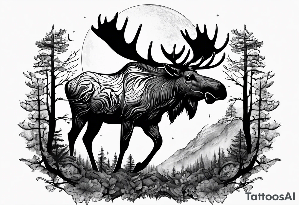 A psychedelic moose in the forest with a full moon tattoo idea | TattoosAI
