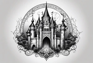 Cyber sigilism tatto with gothic castle tattoo idea | TattoosAI