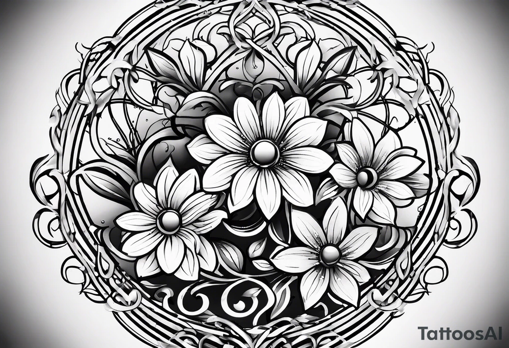 Flower tattoo that says “no rain no flowers” and is circular with ...