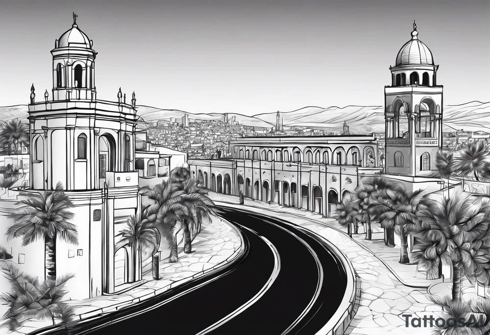 Israel city vector gate swirl vignette tattoo idea | TattoosAI