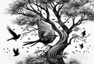 Half sleeve, tree, birds tattoo idea | TattoosAI