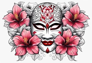 White japanese mask with red accents and pink hibiscus flowers tattoo ...