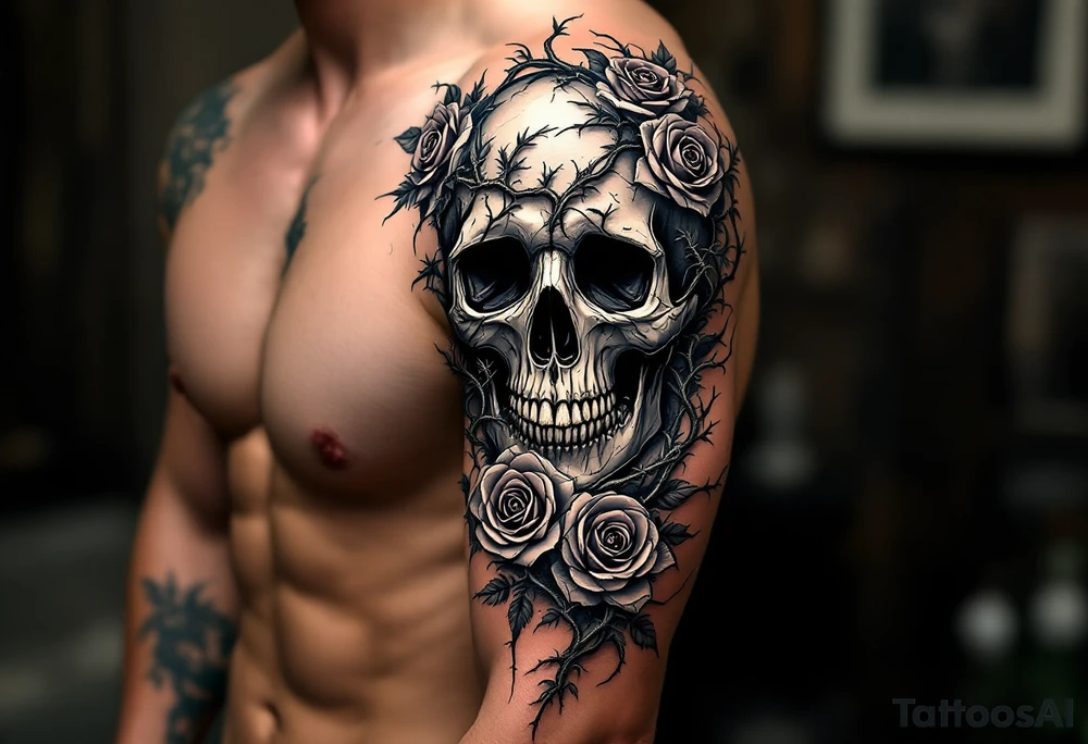 Gothic skull intertwined with climbing roses and thorny vines tattoo ...