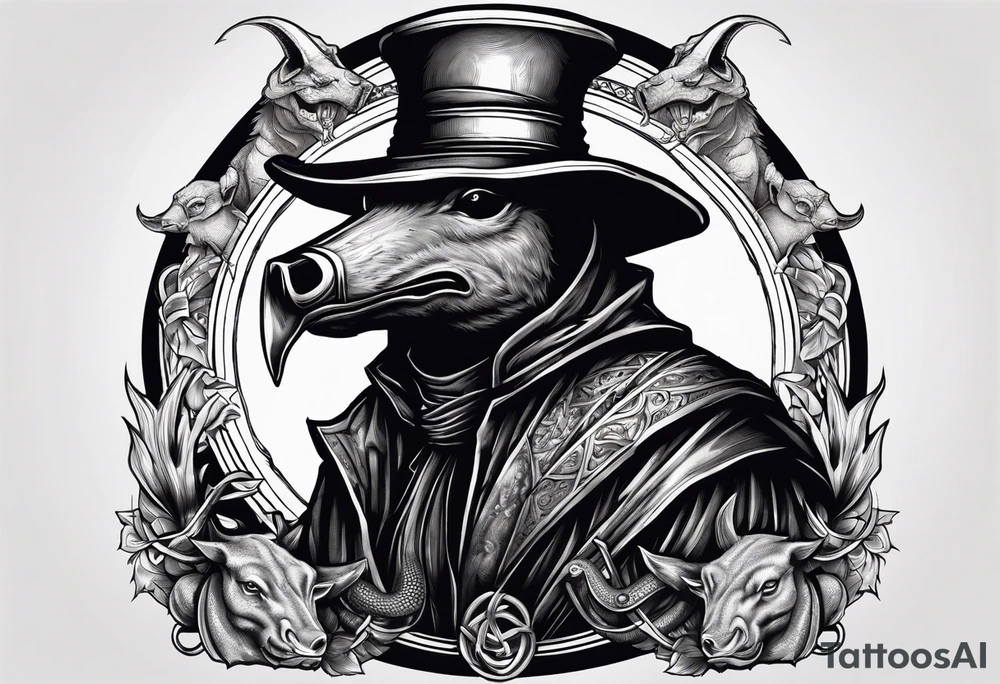 Plague doctor surrounded by a scary boar, bull, pitbul, and snake for ...