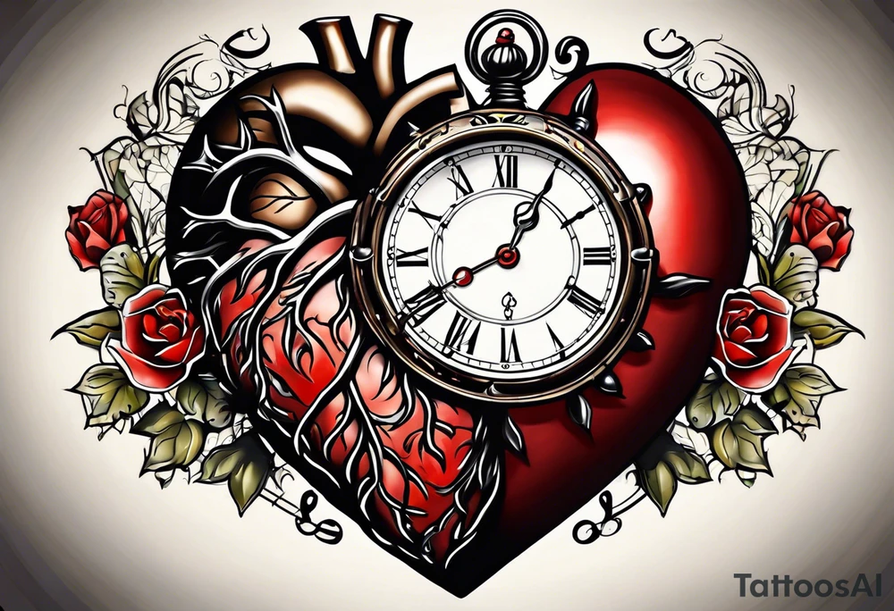 Anatomical heart with clock in middle. Clock hands on 8 and 5. Never ...