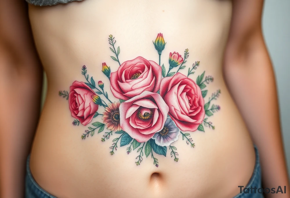 Vintage bouquet of wild roses and meadow flowers with morning dew tattoo idea | TattoosAI