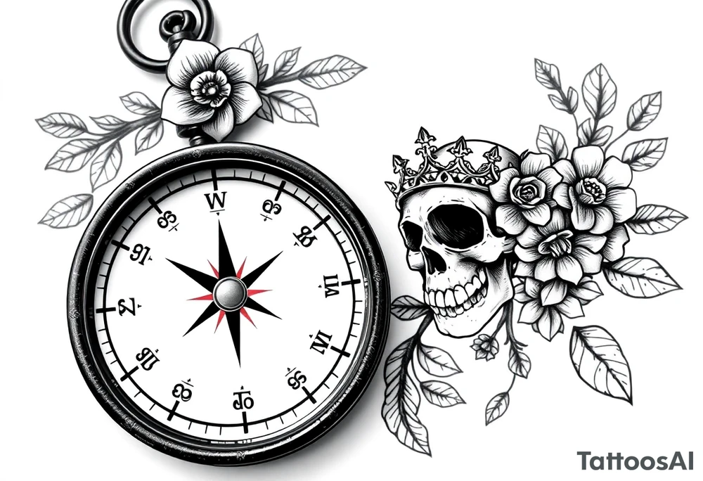 Compass with detailed beautiful gothic boho flowers on vine and skull ...