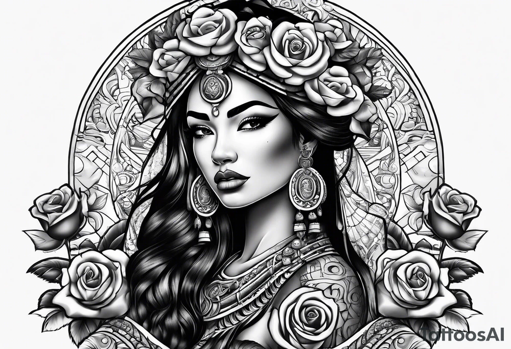 Mayan princess with roses tattoo idea | TattoosAI