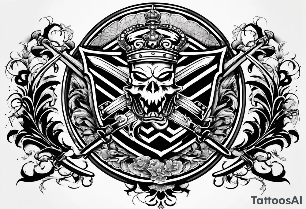 Family crest cool looking with swords tattoo idea | TattoosAI