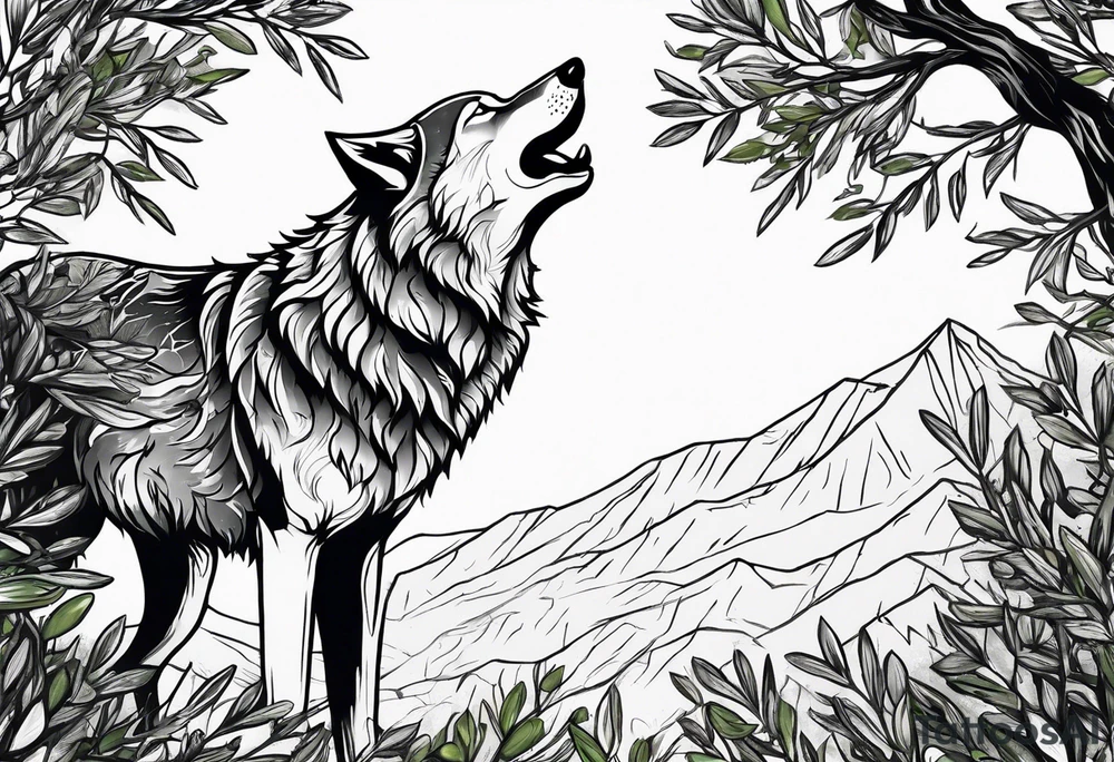 Howling wolf drawn with olive tree branches and leaves tattoo idea ...