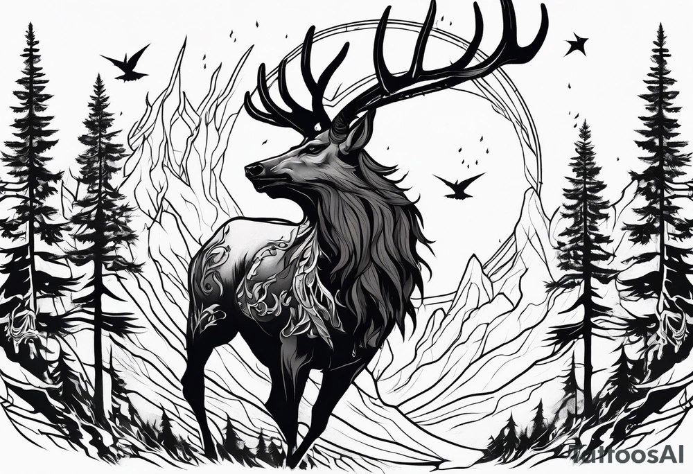 A spooky dead lore accurate wendigo side profile surrounded by a forest ...
