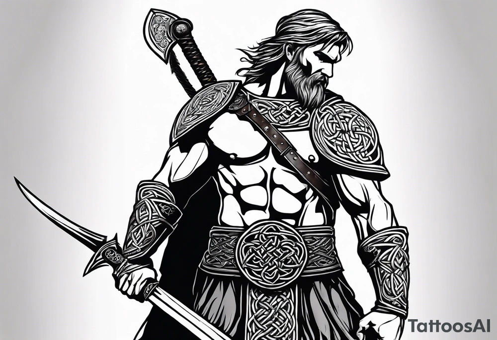 Full body side profile of Celtic warrior with short hair, a sword in ...