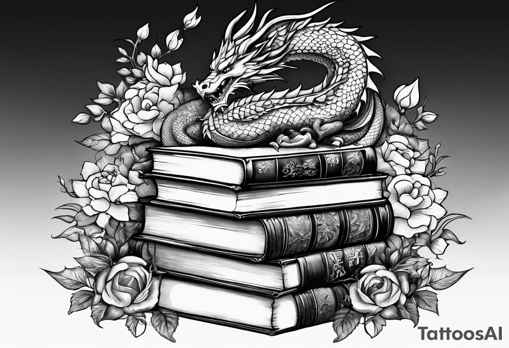 Dragon stack of books flowers tattoo idea | TattoosAI
