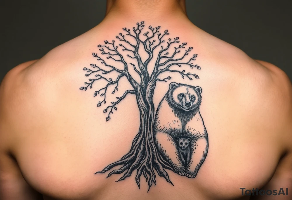 Tree of life with root detail and a realistic mother bear with her cub ...