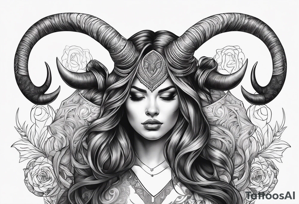 Curved horns facing downwards dark realism beautiful woman looking ...