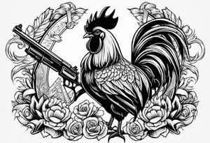 Cartoon rooster holding a machine gun tattoo idea | TattoosAI