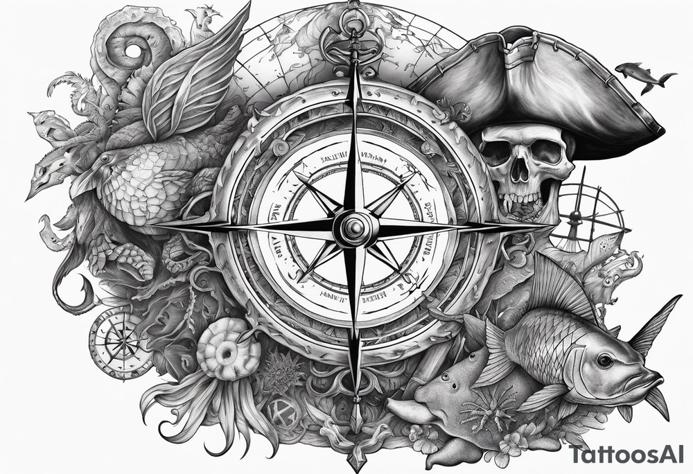 Scary Pirate themed compass surrounded by marine animals tattoo idea ...