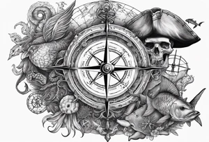 Scary Pirate themed compass surrounded by marine animals tattoo idea ...