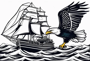 Eagle flying in front of ship holding American flag in beak and holding ...
