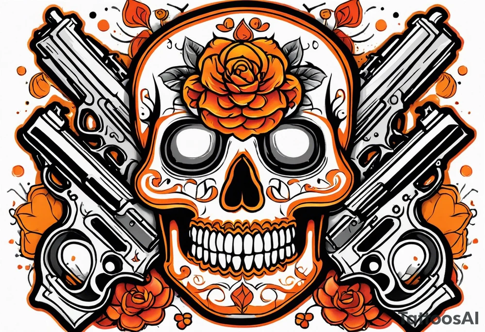 Orange Sugar skull with guns that are orange and red with smoke around ...