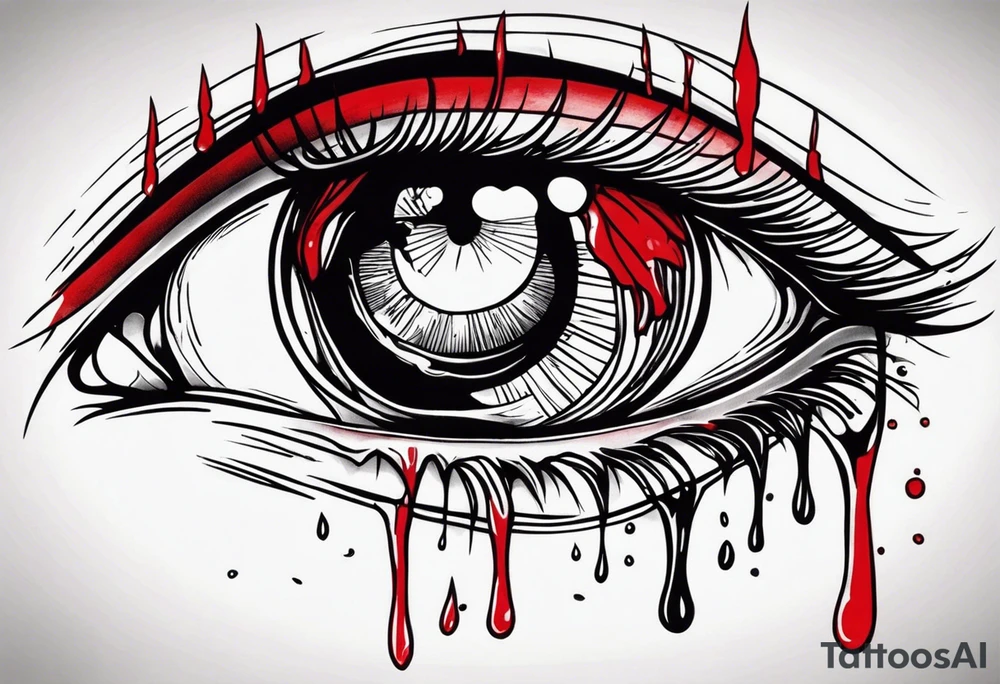 Bleeding tear flows to down from man's red eye sleeve tattoo design ...
