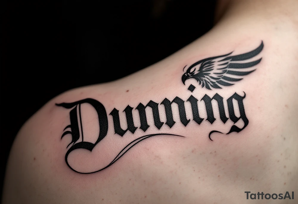 Dunning, details include Sharp falcon wing, manly bold roman font ...