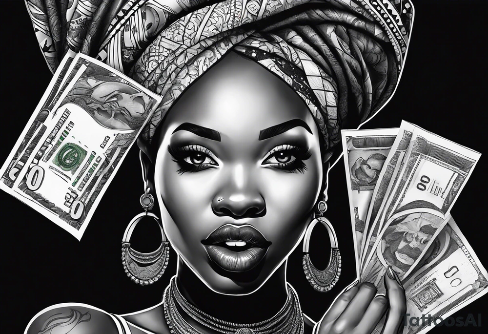 African woman biting money tattoo idea | TattoosAI