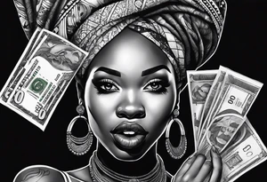 African woman biting money tattoo idea | TattoosAI