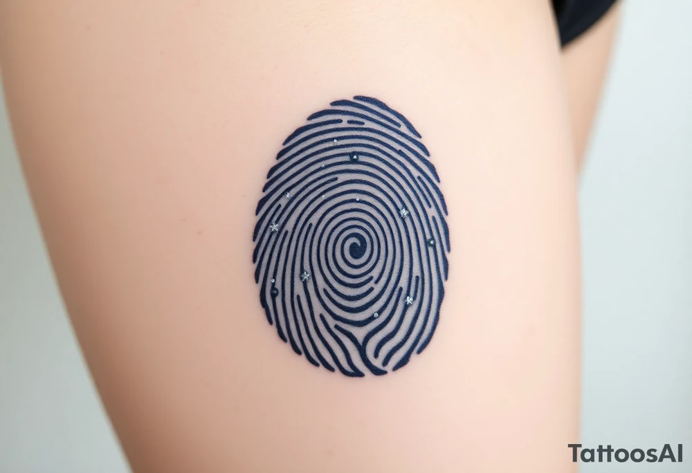 A fingerprint with embedded tiny silver stars and a deep indigo ...