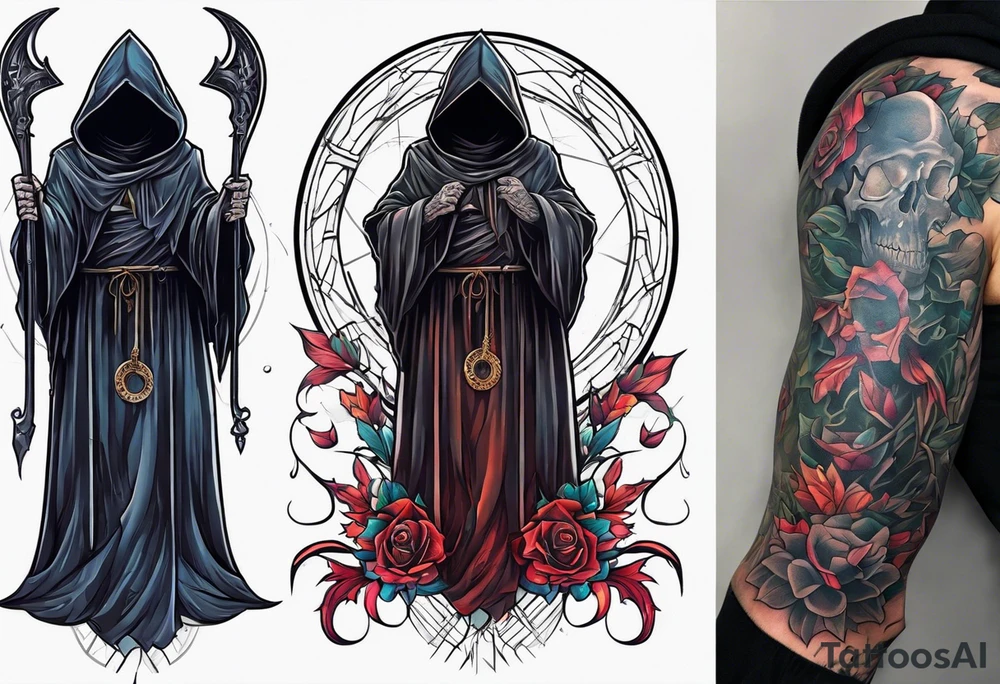 A full body grim reaper with his hood completely off, a halo above his ...