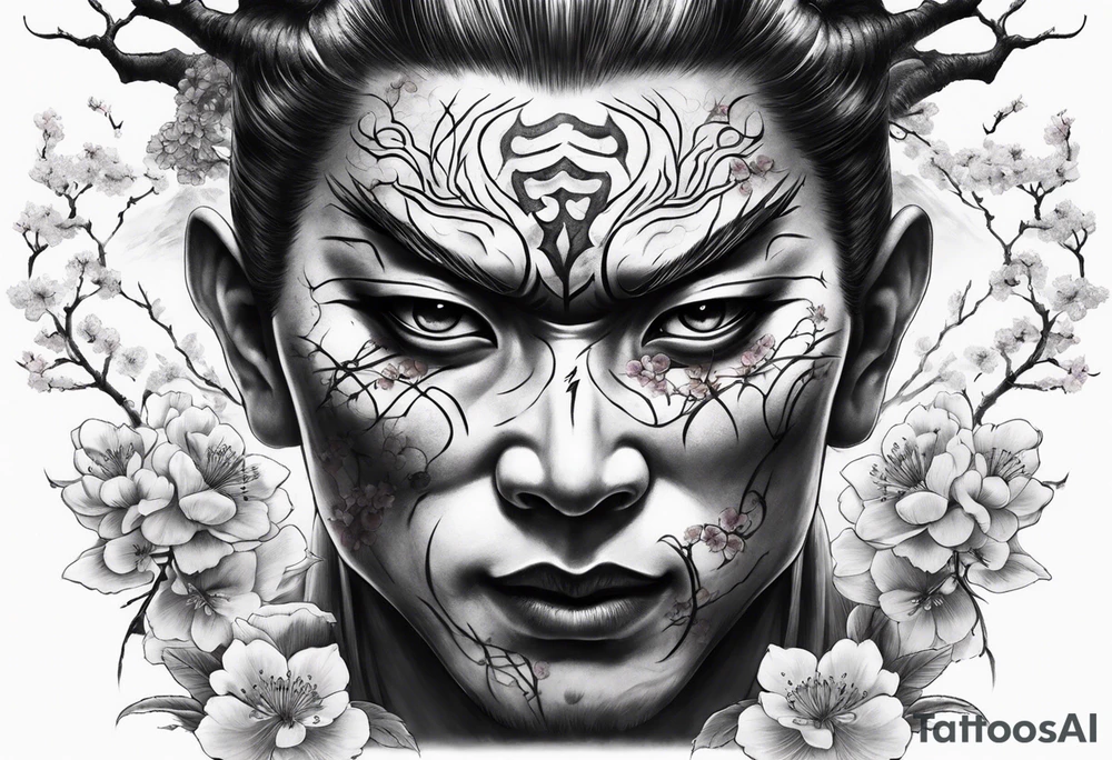 Japanese evil spirit with japan and cherry blossom trees in the ...