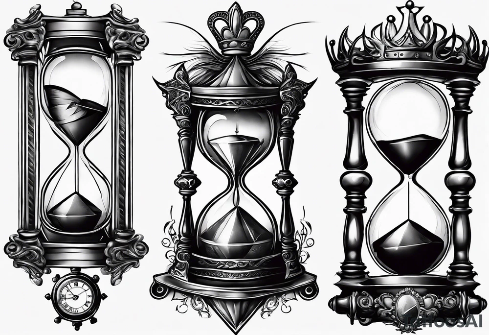 Hourglass with feathers, a crown with a diamond and a pocket watch ...