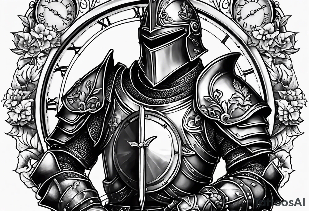 Knight with heavy armor with clock and less detail tattoo idea | TattoosAI