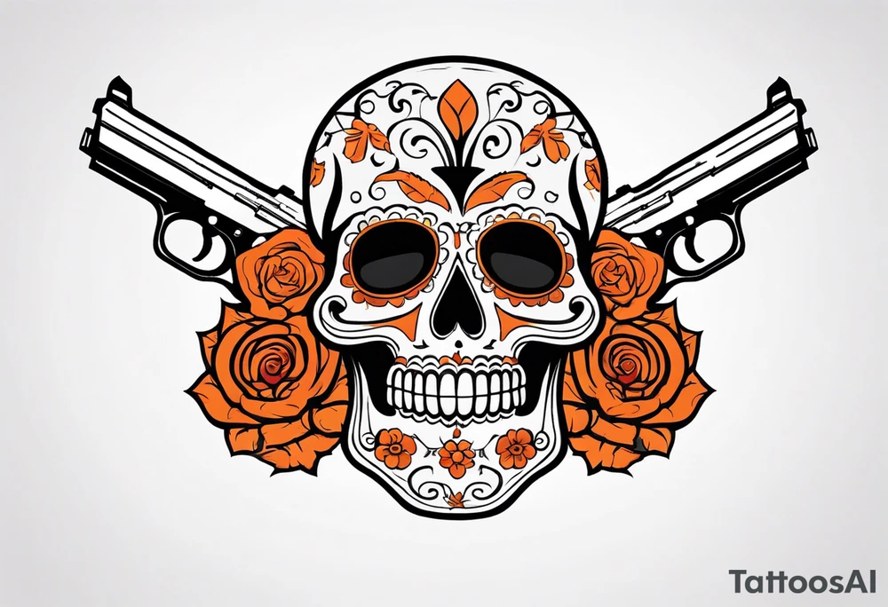Orange Sugar skull with guns that are orange and red with smoke around ...