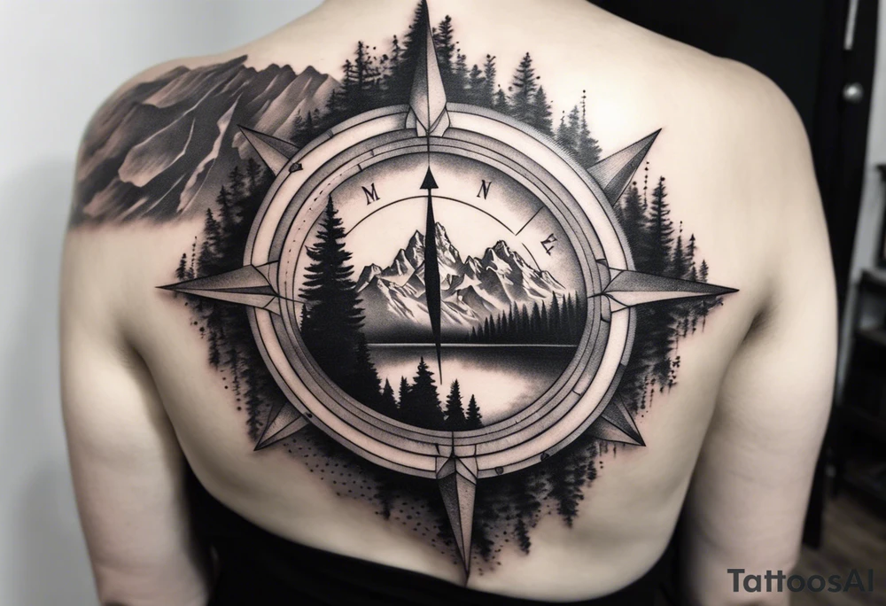 Compass on shoulder with grand Tetons in the middle tattoo idea | TattoosAI