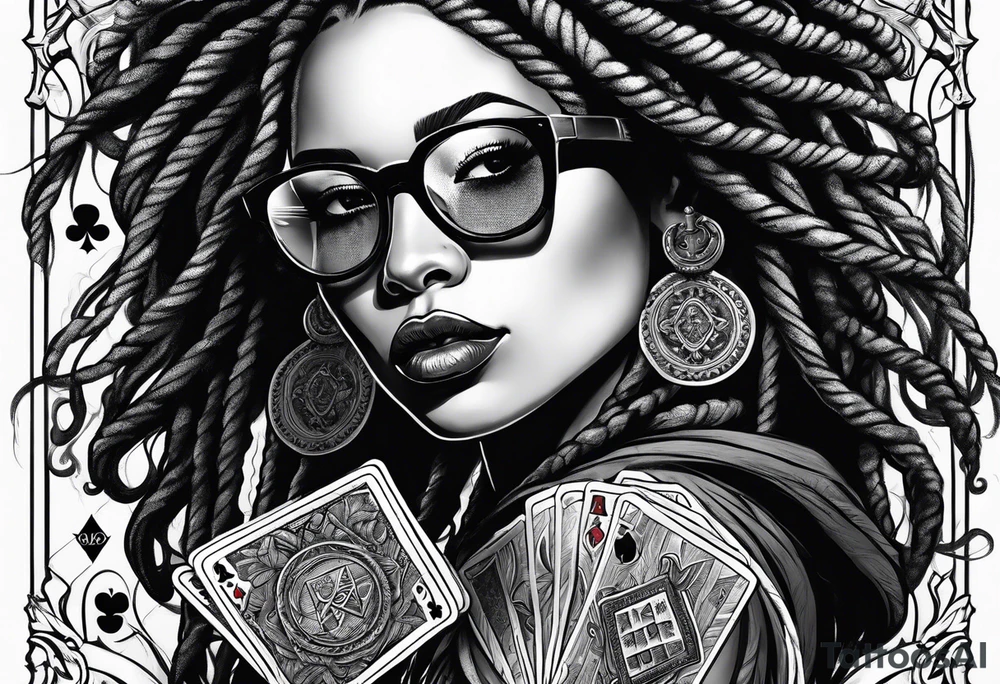 woamn with dread locks and un glasses playing cards and dice tattoo ...