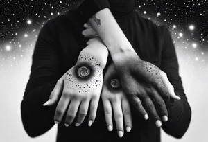 Adam's hands that create a galaxy in Dotwork style tattoo idea | TattoosAI