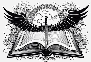 An empty open book with a sword through it, dragonwings and sparks ...
