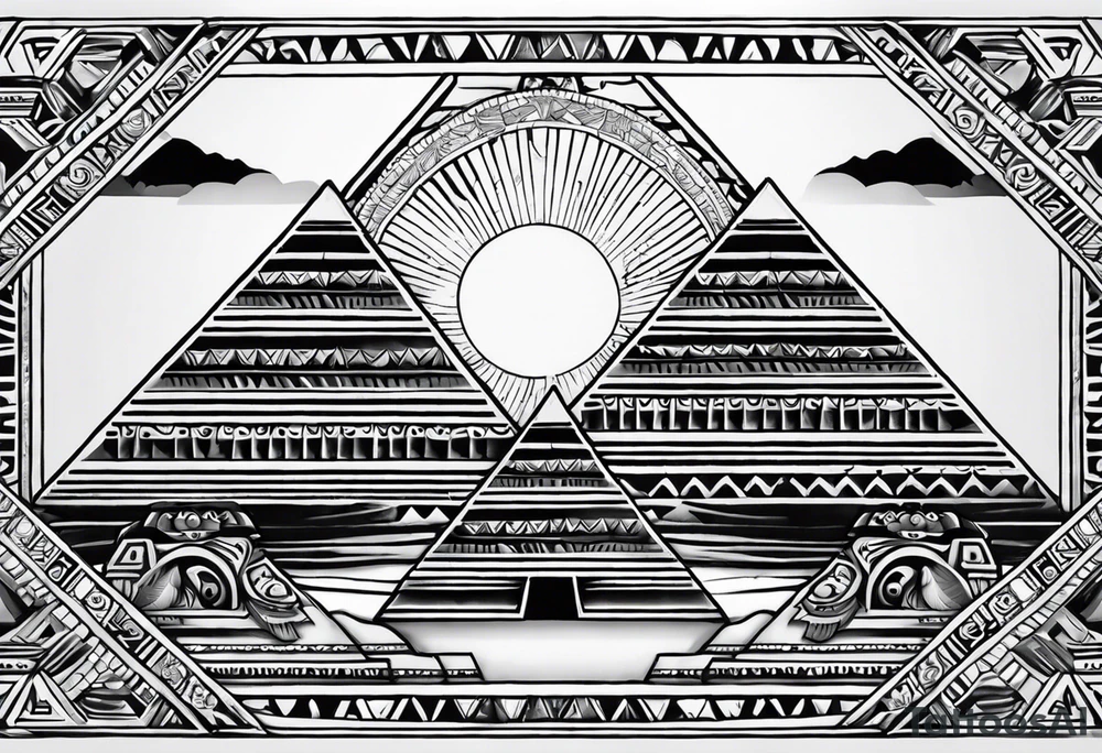 Aztec sun background with pyramid in front with two aztec warrios on ...