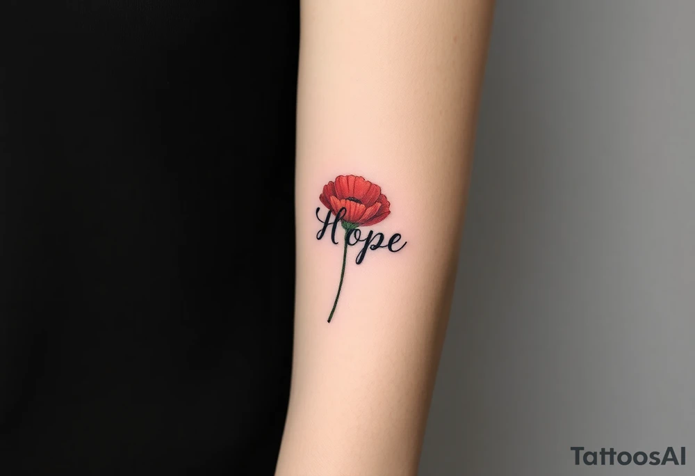 "Hope" forming the stem of a vibrant red poppy, its petals symbolizing ...