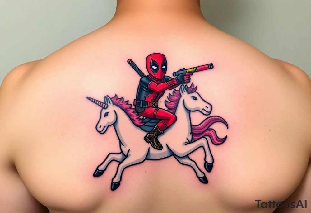 Deadpool riding unicorn pointing rocket propelled grenade launcher ...