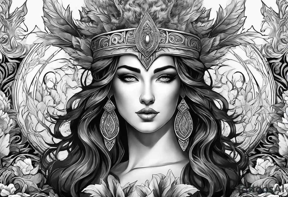 Greek god zeus, full sleeve, attractive female face with wolf headress ...