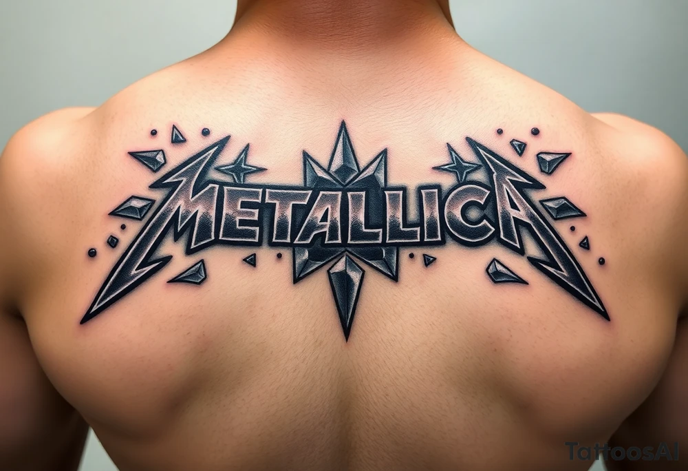 A detailed depiction of the "Metallica" logo in a sharp, angular font ...