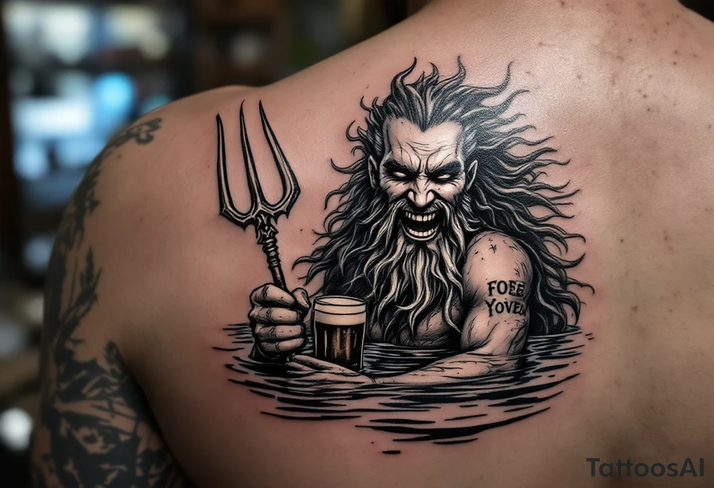 Laughing poseidon, with a trident, in calm water, holding a beer tattoo ...
