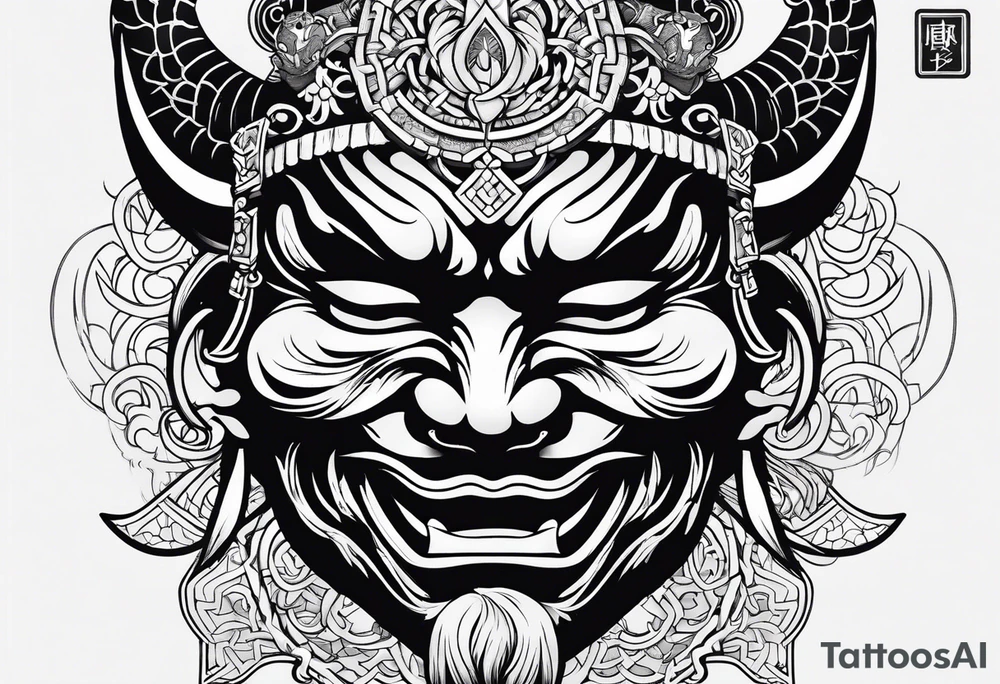 Japanese devil mask tattoo idea | TattoosAI