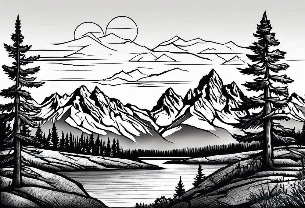 Simple Half sleeve of Teton mountain range with trees lining the bottom ...