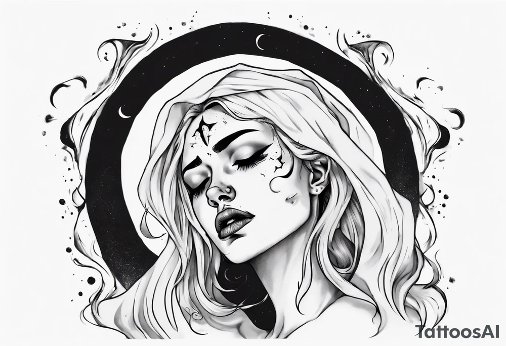 Crescent moon with crying woman. she's crying tears of blood. her face ...