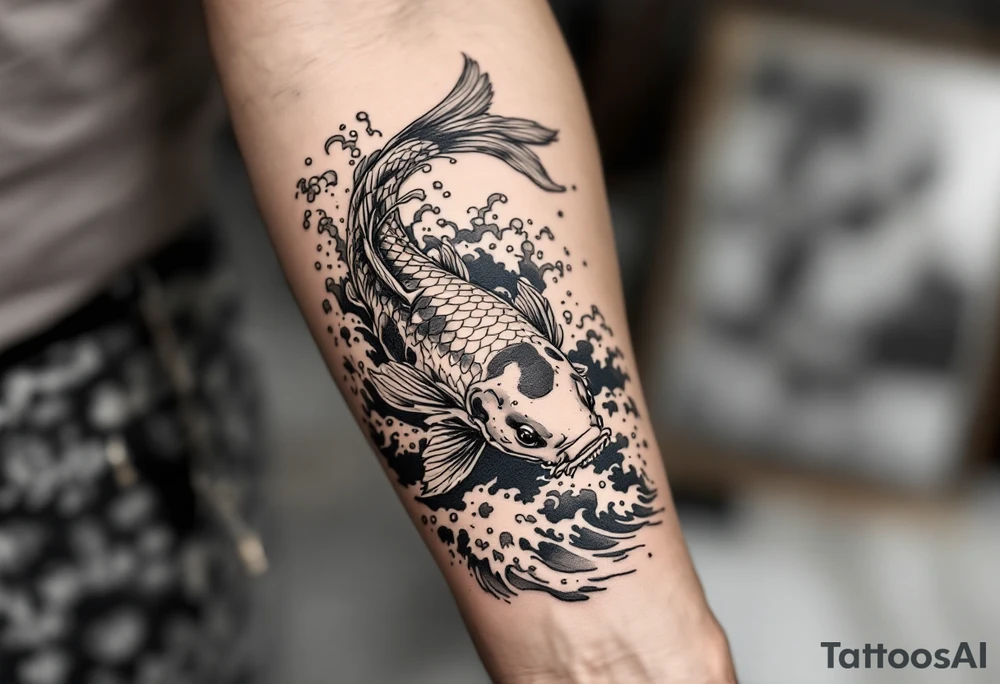 Traditional koi fish swimming upstream through turbulent waves tattoo ...