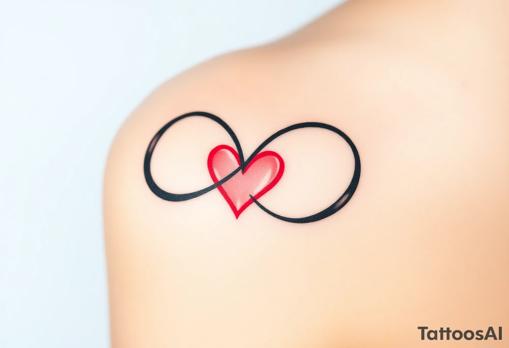 A sleek black infinity symbol intertwined with a delicate red heart ...
